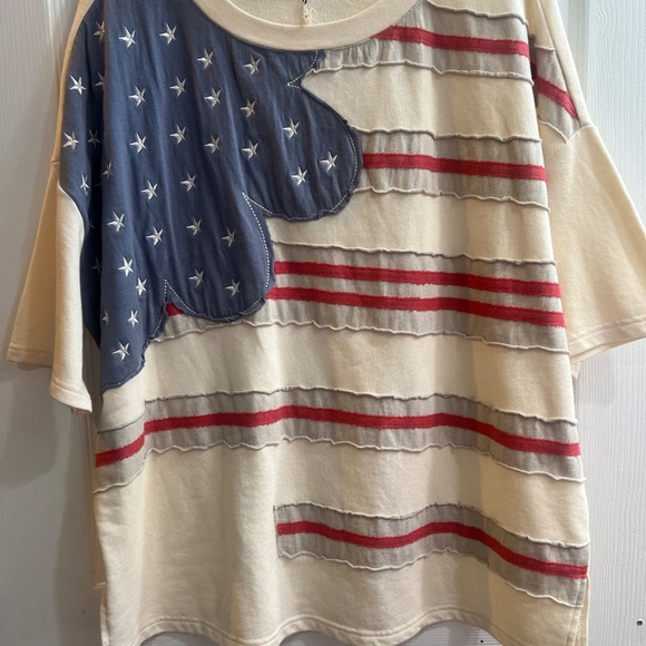 easel | Tops | New Easel Beige Flag Patchwork Shirt Pullover Mid Weight ...